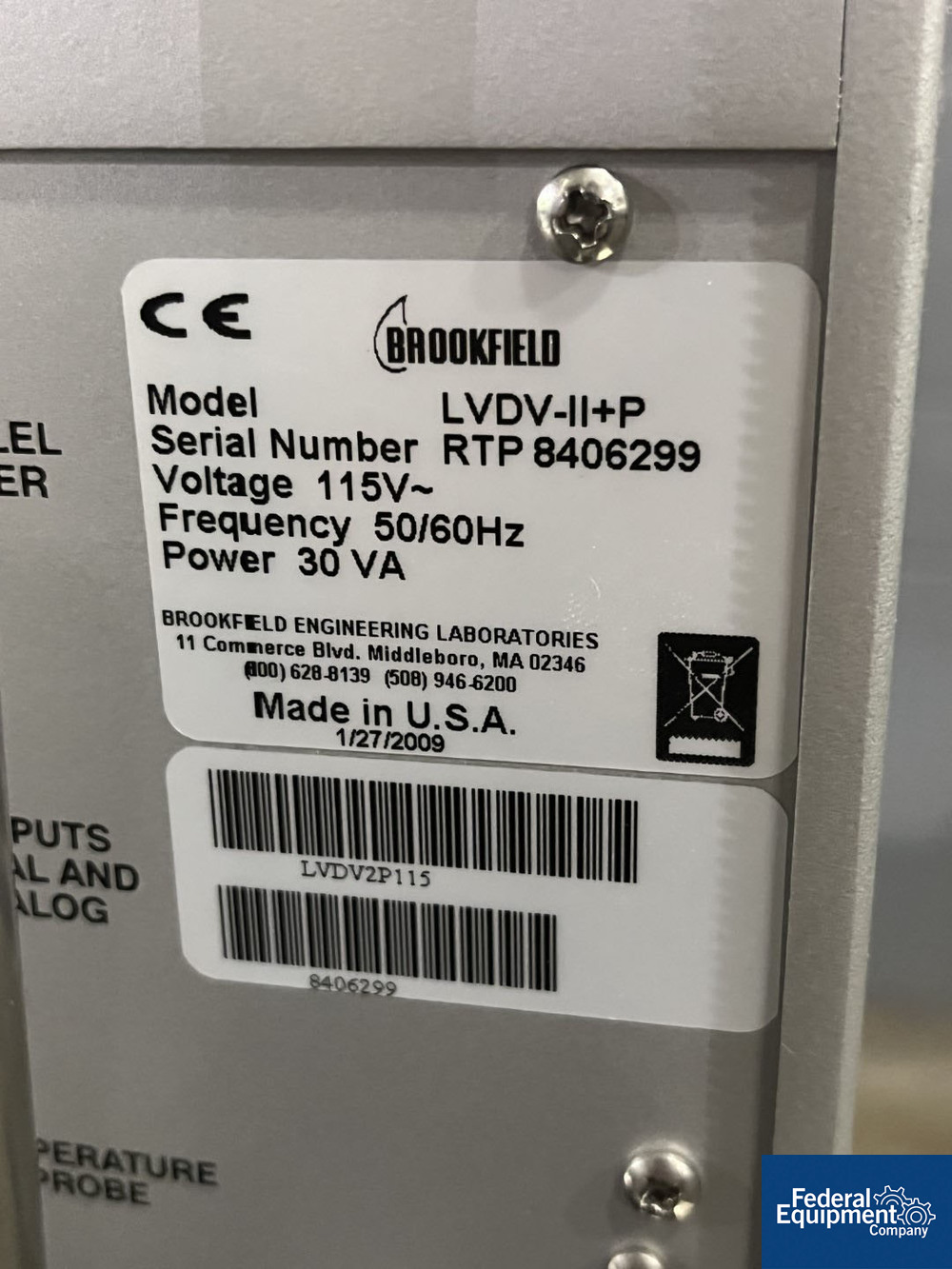 Brookfield Viscometer, Model LVDV-1144 | Federal Equipment Company