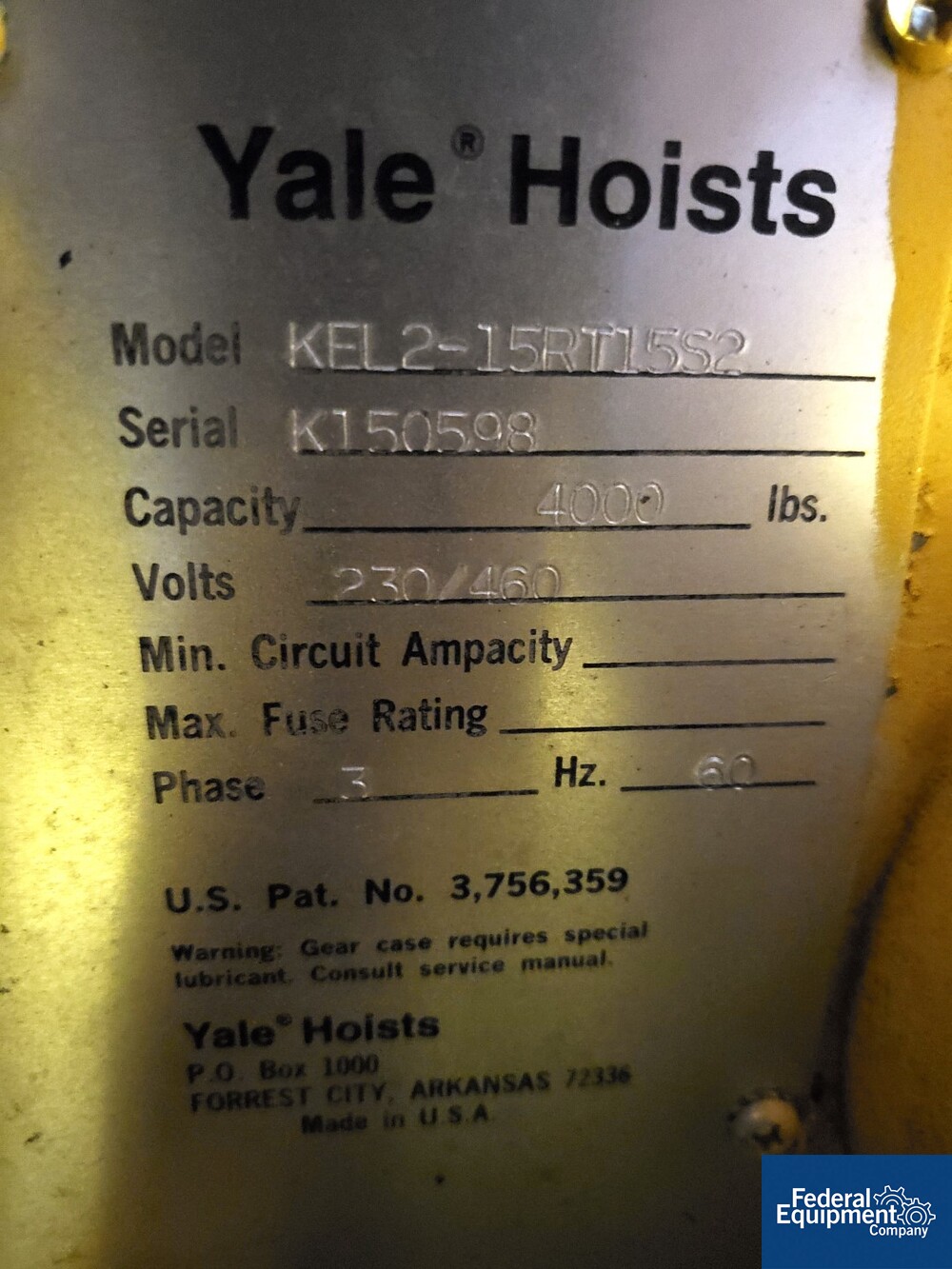 2 Ton Yale Hoist, Model KEL-2 | Federal Equipment Company