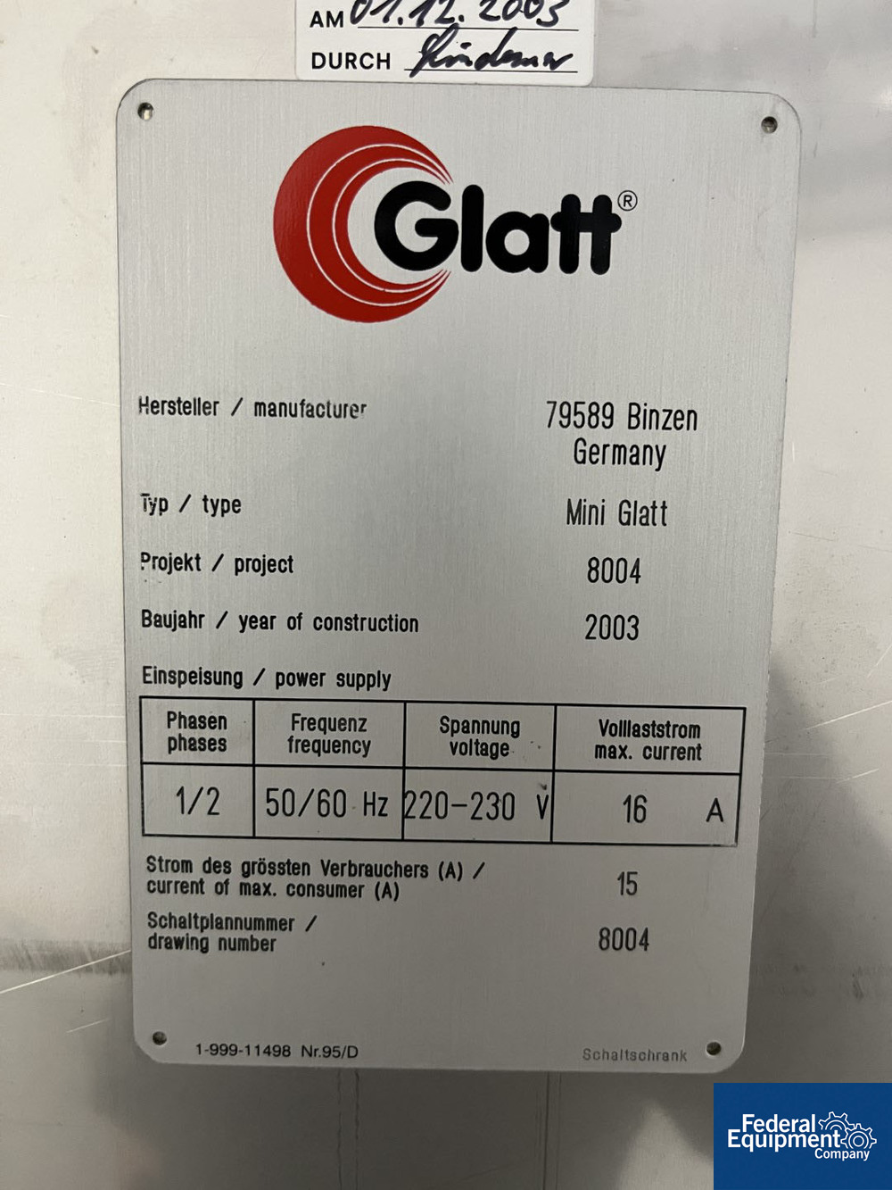 Glatt Fluid Bed Dryer, Model Mini Glatt 3 | Federal Equipment Company