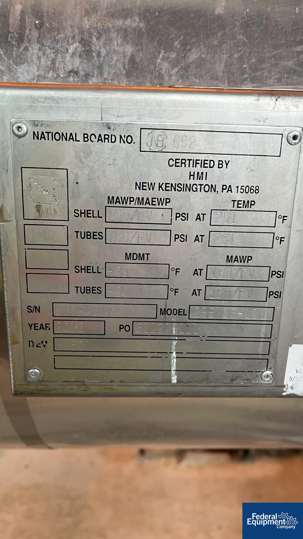 1,138 Sq Ft HMI Heat Exchanger, S/S, 150/150# | Federal Equipment Company