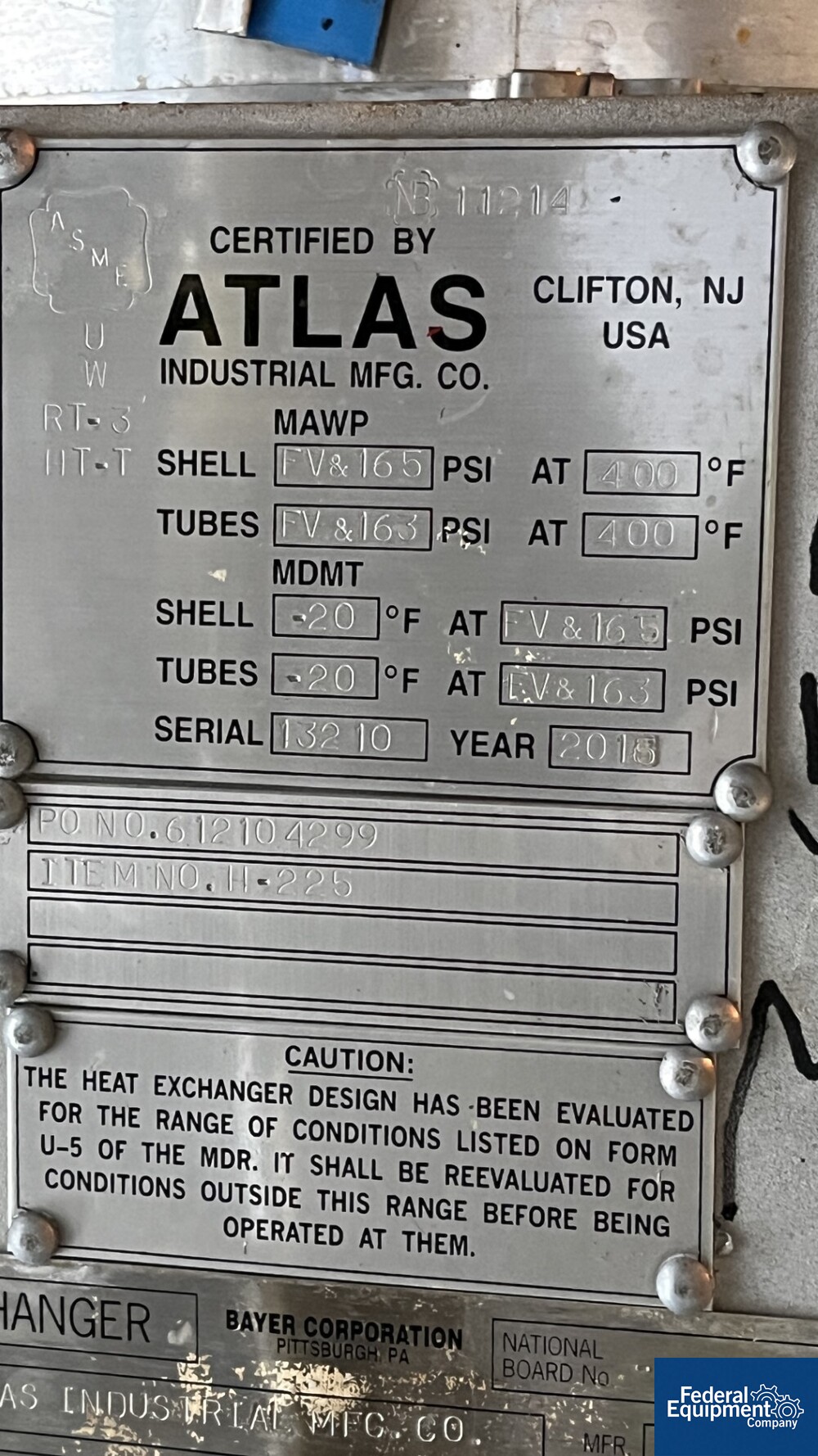 905 Sq Ft Atlas Heat Exchanger, 316 S/S, 165/163# | Federal Equipment ...