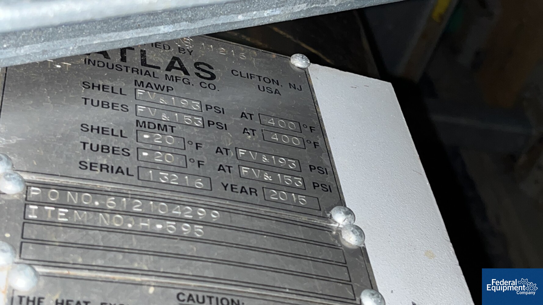 478 Atlas Heat Exchanger, 316 S/S, 153/193# | Federal Equipment Company