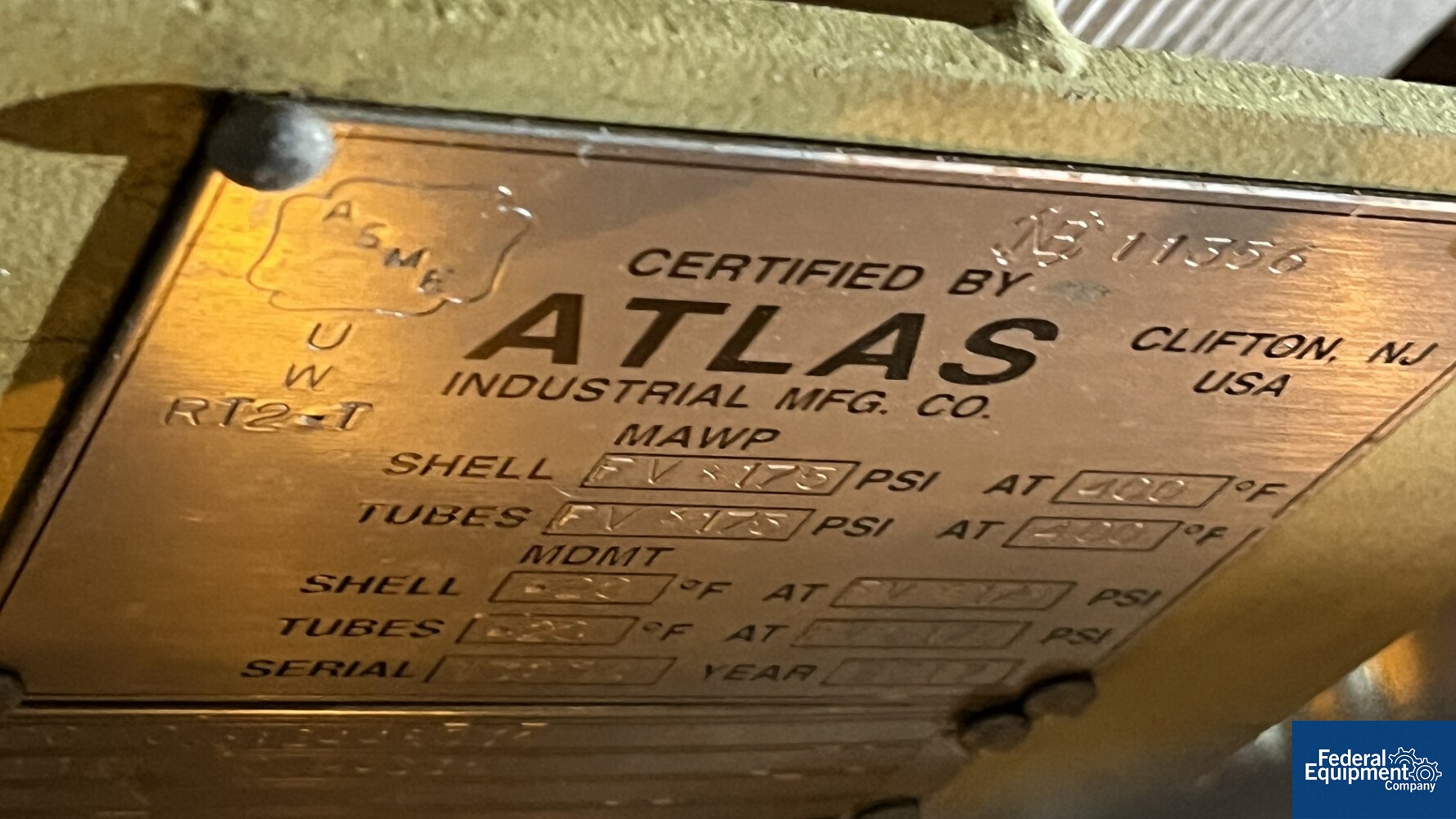 727 Sq Ft Atlas Heat Exchanger, 316 S/S, 175/175# | Federal Equipment ...