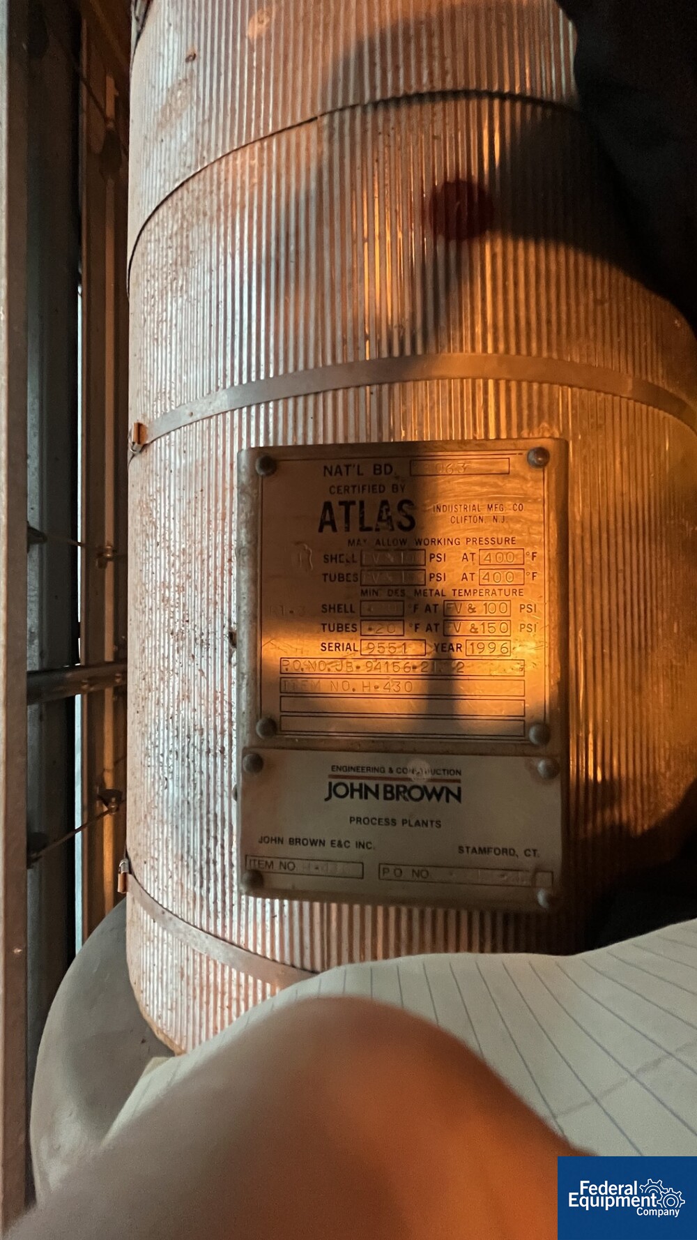 218 Sq Ft Atlas Heat Exchanger, 316 S/S, 100/150# | Federal Equipment ...