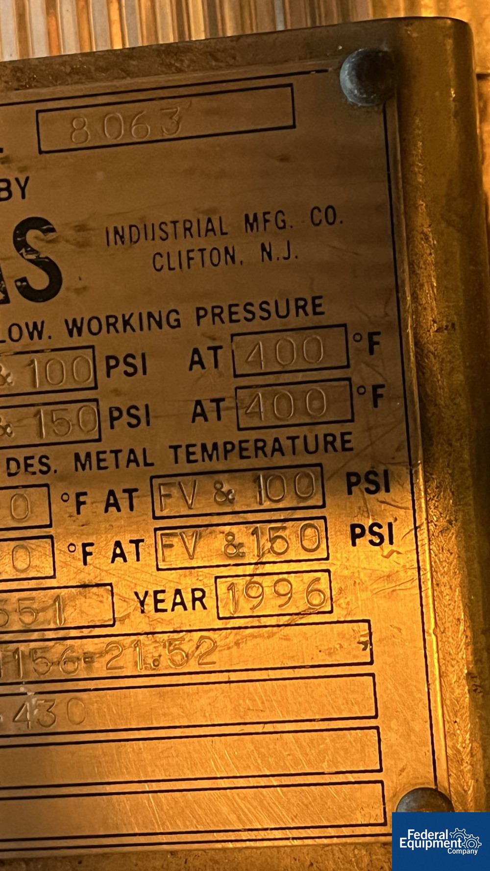 218 Sq Ft Atlas Heat Exchanger, 316 S/S, 100/150# | Federal Equipment ...