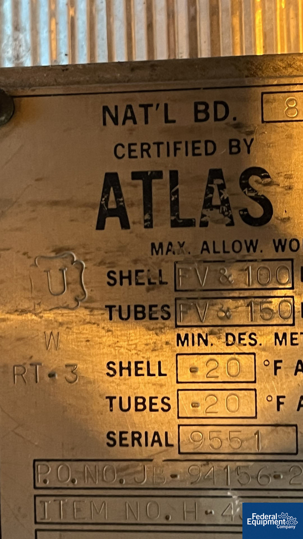 218 Sq Ft Atlas Heat Exchanger, 316 S/S, 100/150# | Federal Equipment ...