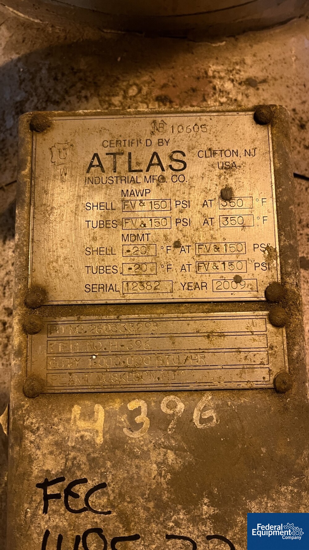 35 Sq Ft Atlas Heat Exchanger, C/S, 150/150# | Federal Equipment Company