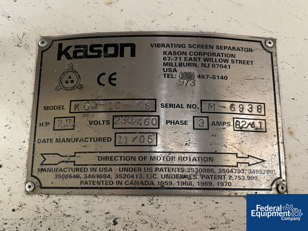 60” Kason screen, model K60-1C-SS, S/S, 2 Deck | Federal Equipment Company