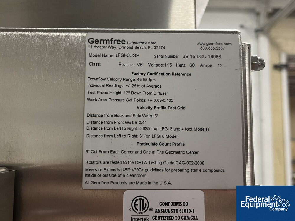 Germfree Isolator, Model LFGI-6USP, S/S | Federal Equipment Company