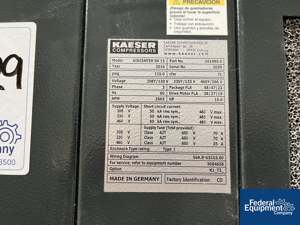 Kaeser SK 15 AIRCENTER Rotary Screw Air Compressor, 15 HP | Federal ...