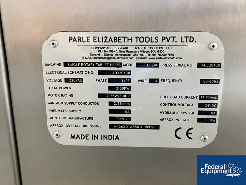 Parle-Elizabeth EP 200 R&D Tablet Press, 14 Station | Federal Equipment ...