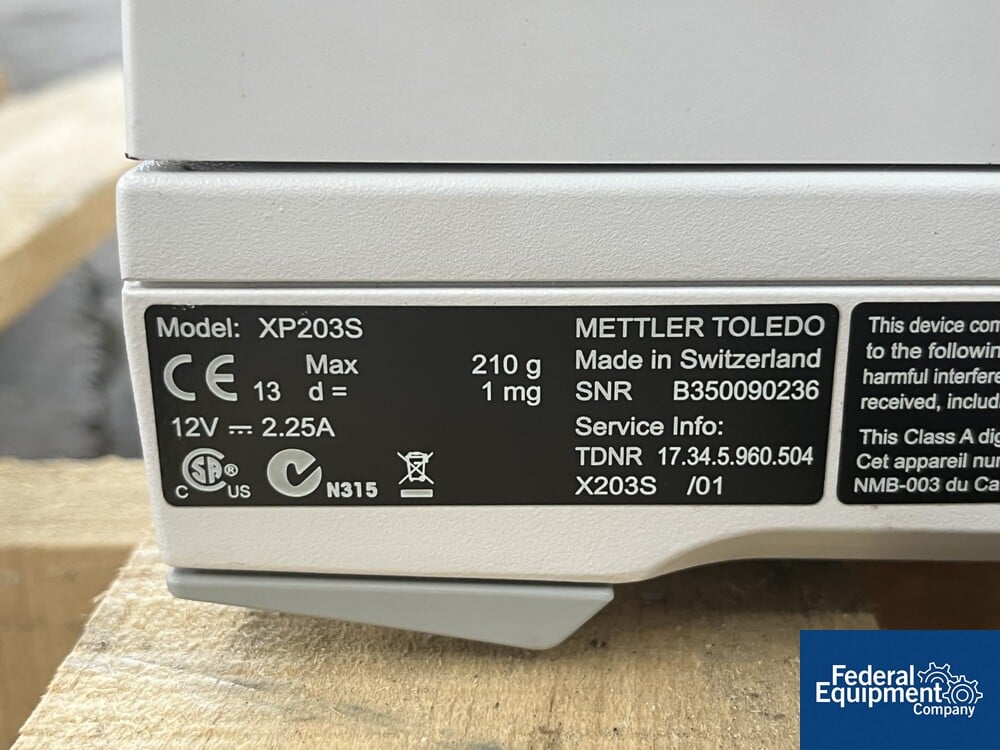 Metler Toledo Analytical Balance, Model XP203S | Federal Equipment Company Metler Toledo Analytical Balance, Model XP203S | Federal Equipment Company