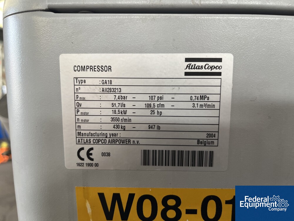 25 HP Atlas Copco Air Compressor, Model GA18 | Federal Equipment Company