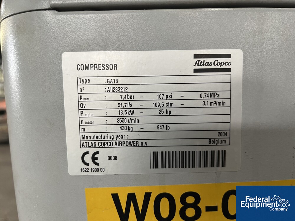 25 HP Atlas Copco Air Compressor, Model GA18 | Federal Equipment Company