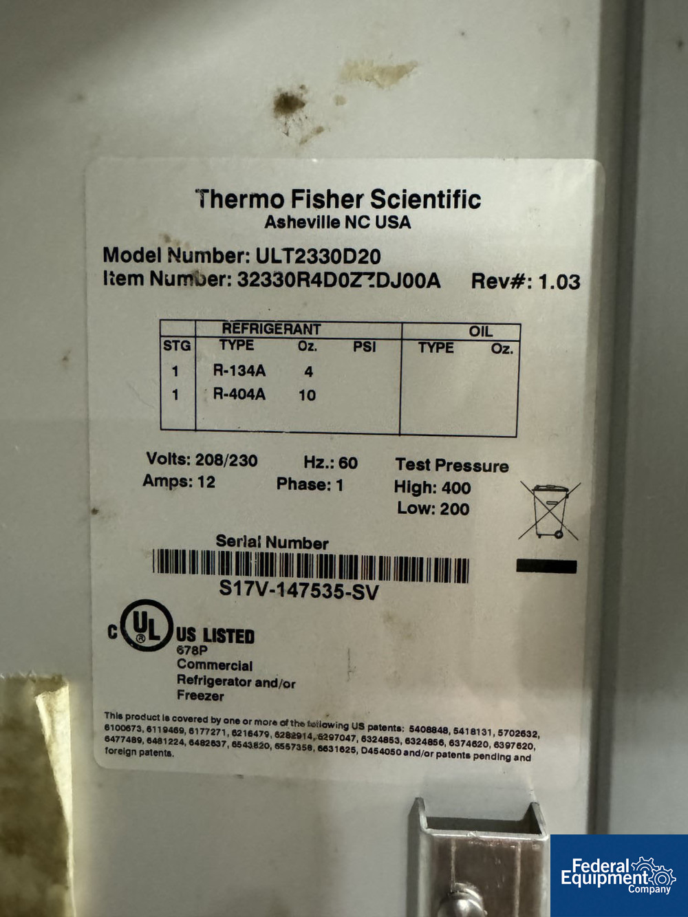Thermo Scientific Revco Freezer, Model ULT2330D20 | Federal Equipment ...