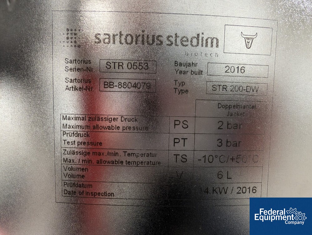 200 Liter Sartorious Single Use Bioreactor, Model STR 200 DW | Federal ...