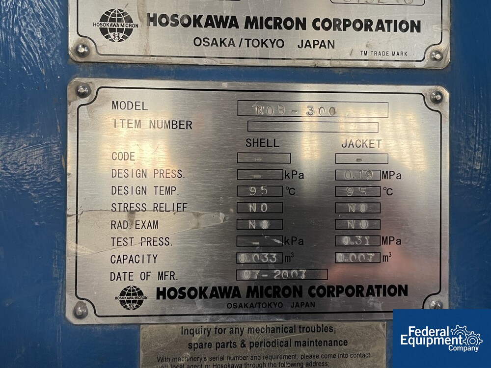 Hosokawa Micron Nobilta Mixer, Model NOB-300, 304 S/S, 40 HP | Federal ...